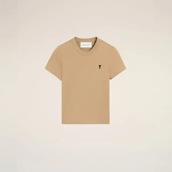AMI Paris Cotton T-shirt With De Coeur Embroidery - Mastic Beige/black