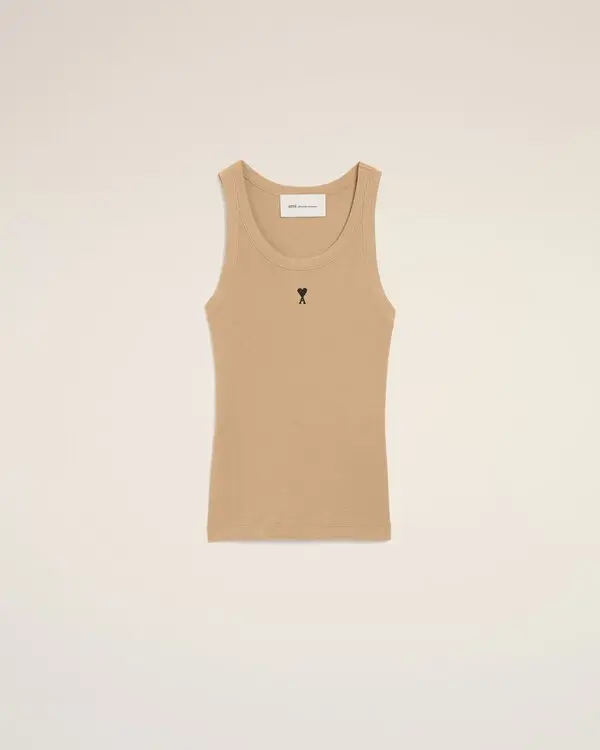 AMI Paris Cotton Tank Top With De Coeur Embroidery - Mastic Beige/black