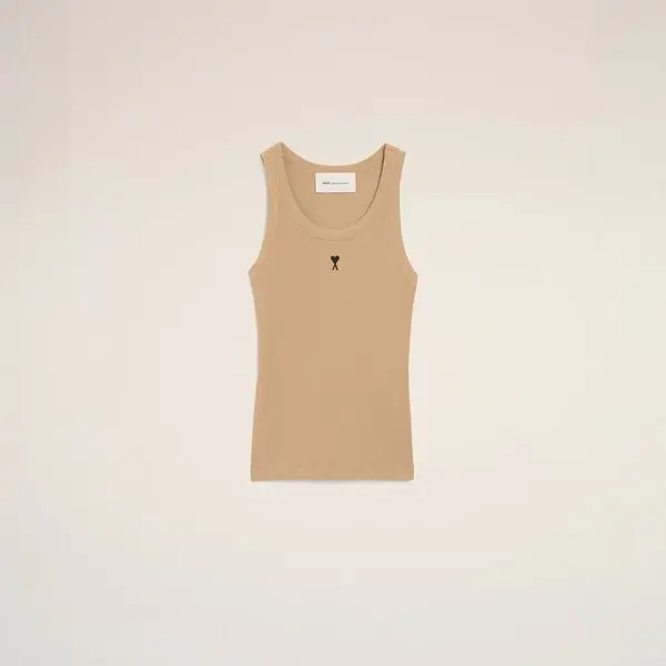 AMI Paris Cotton Tank Top With De Coeur Embroidery - Mastic Beige/black
