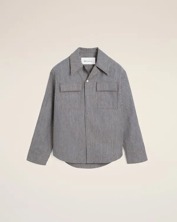 AMI Paris Blue Striped Cotton Camp Collar Overshirt Multicolor