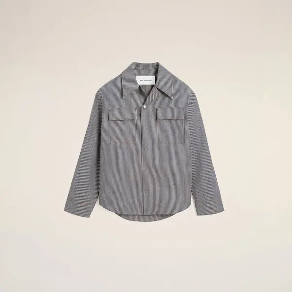 AMI Paris Blue Striped Cotton Camp Collar Overshirt Multicolor