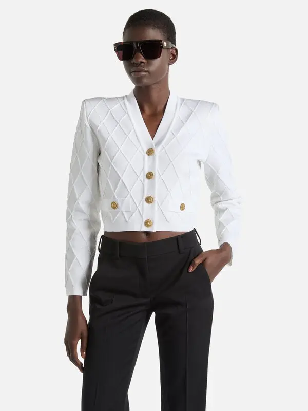Balmain Cropped Knit Cardigan With Quilted Effect And Metal Buttons