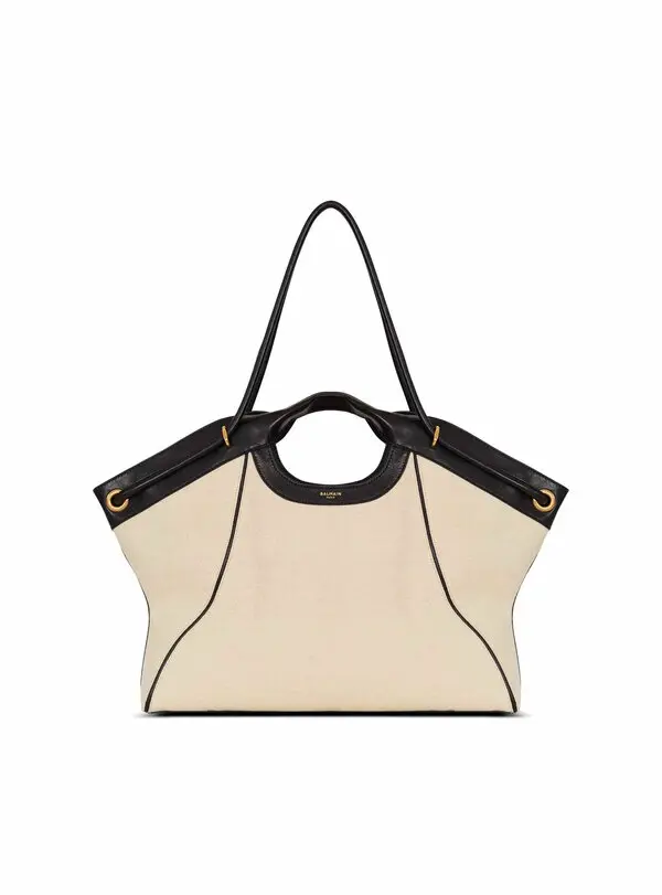 Balmain Large Tote In Smooth Leather And Canvas - Beige