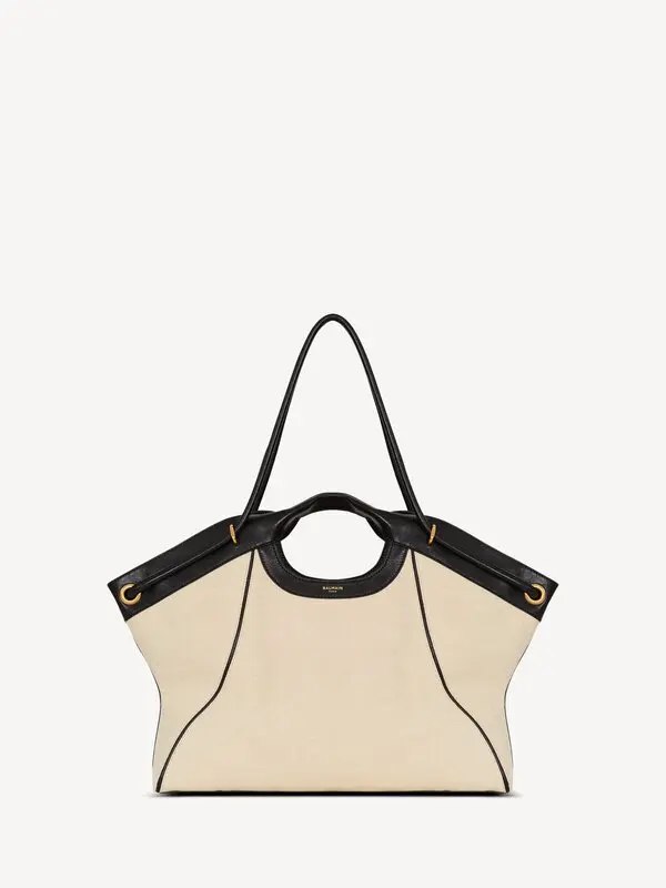 Balmain Large Tote In Smooth Leather And Canvas - Beige