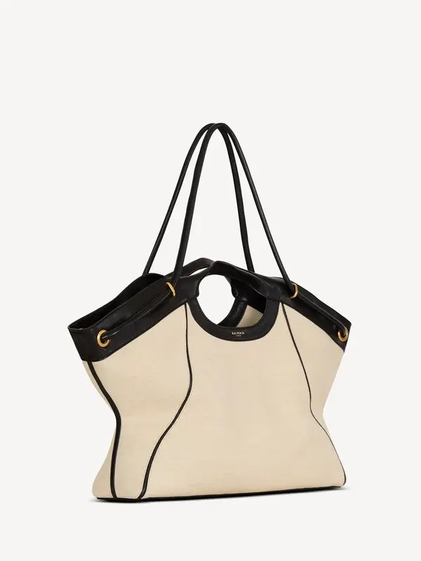 Balmain Large Tote In Smooth Leather And Canvas - Beige