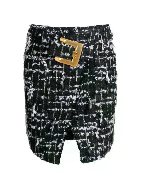 Balmain Belted Fringed Tweed Skirt