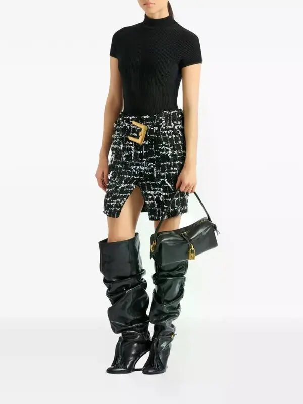 Balmain Belted Fringed Tweed Skirt