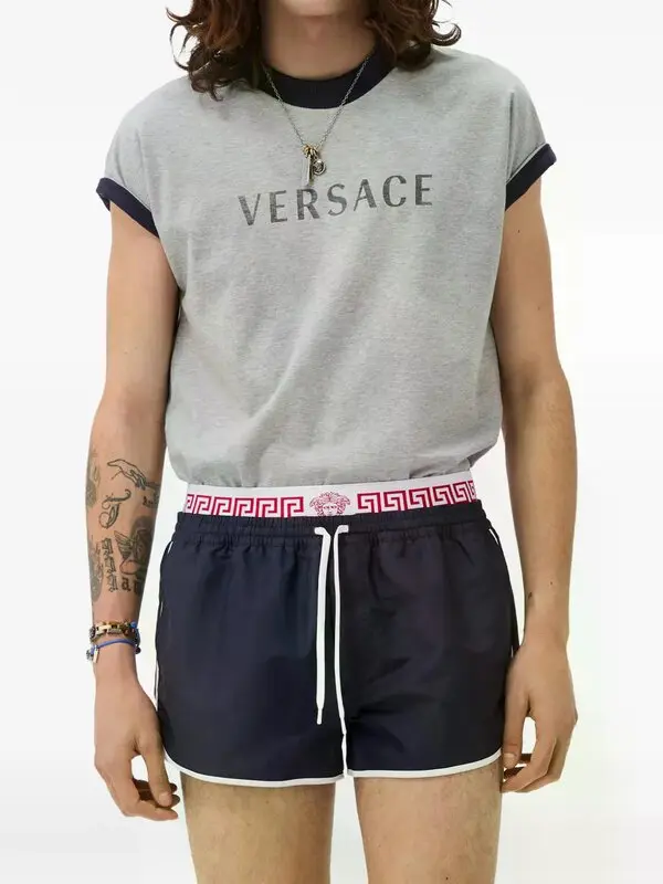 Versace Double Waistband Swim Shorts With Greca Border