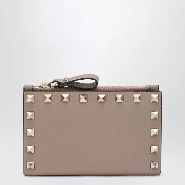 Valentino Garavani Powder Leather Rockstud Zip Card Holder - Pink