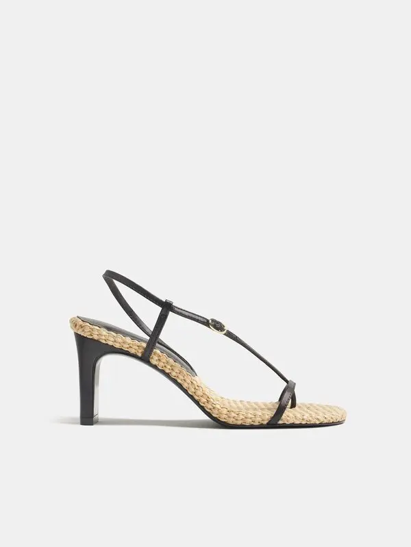 REFORMATION Pina Heeled Sandal Leather Natural Raffia - Black
