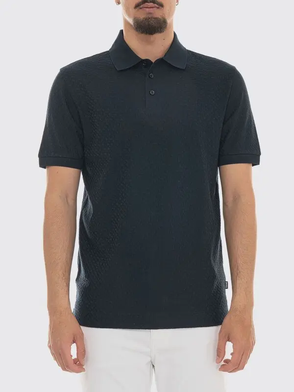BOSS Jacquard Cotton Knit Polo Shirt With Ribbed Collar - Blue