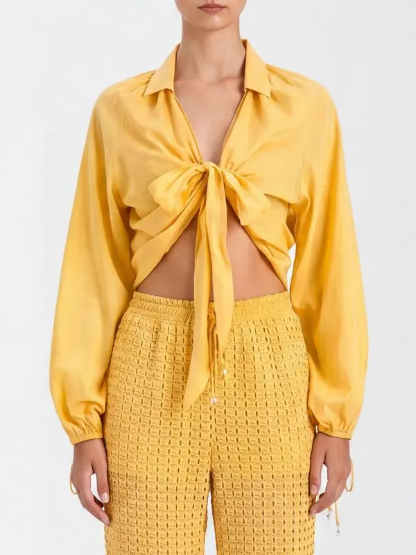 TWINSET U & B Cotton Shirt With Balloon Sleeves And Tie Front - Cream