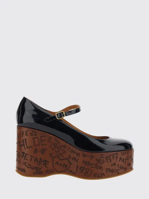 Chloé Patent Leather Mary Jane Platform Wedge Shoes - Black