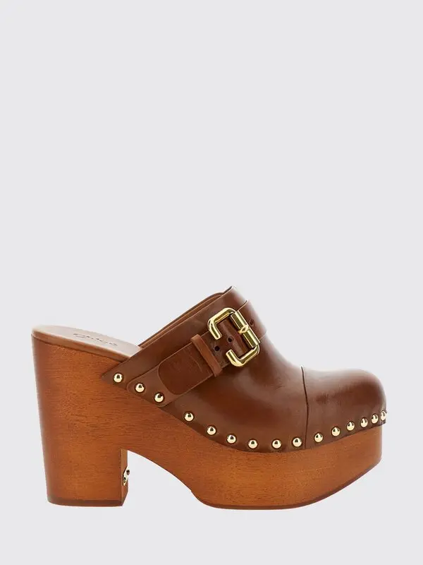 Chloé Jeanette Calfskin Sabot Mules With High Heel And Studs - Brown