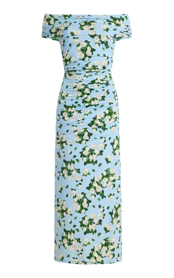 Carolina Herrera Off-the-shoulder Floral Jersey Gathered Midi Dress - Blue