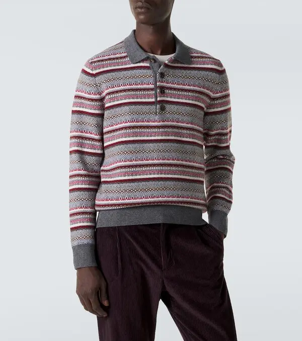 Eleventy Striped Wool Jacquard Polo Sweater