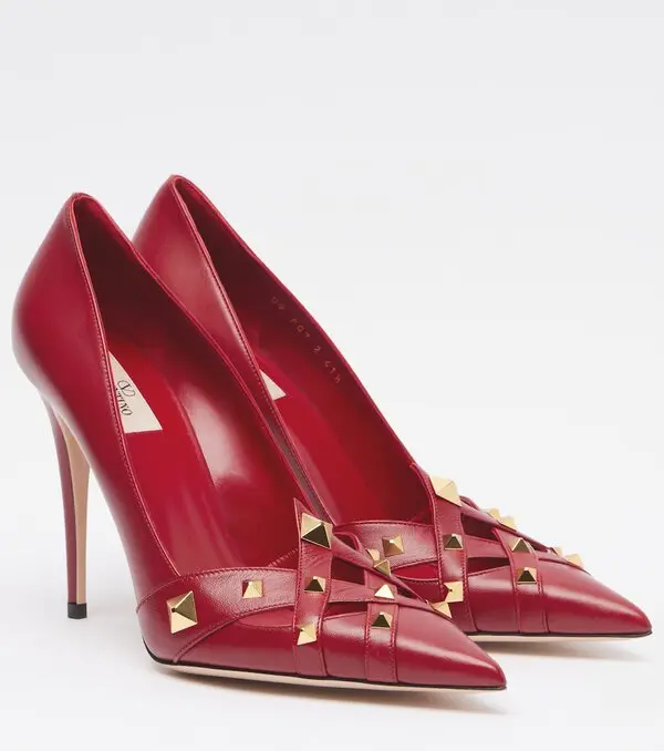 Valentino Garavani Studded Leather Pointed Toe Pumps - Red