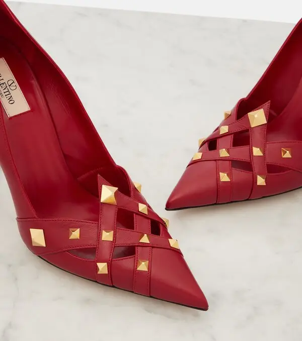 Valentino Garavani Studded Leather Pointed Toe Pumps - Red