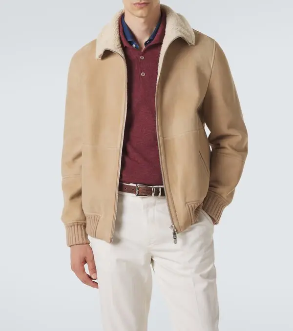 Brunello Cucinelli Shearling-lined Suede Bomber Jacket - Beige