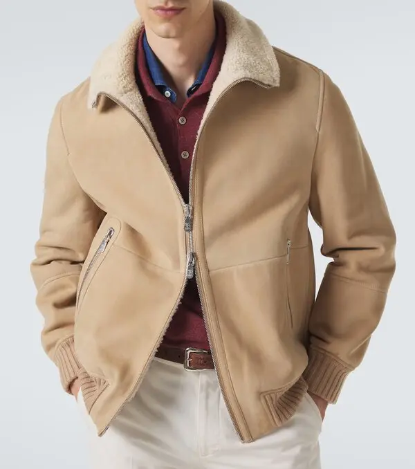 Brunello Cucinelli Shearling-lined Suede Bomber Jacket - Beige