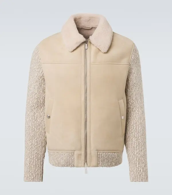 Eleventy Shearling-lined Suede And Knit Bomber Jacket