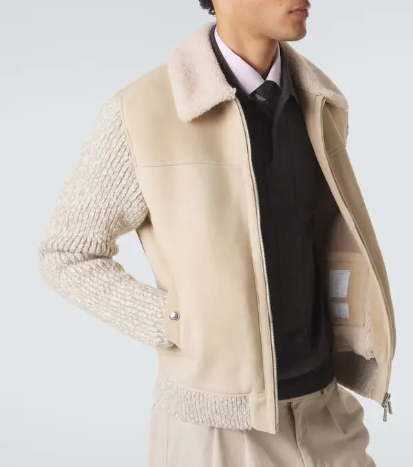 Eleventy Shearling-lined Suede And Knit Bomber Jacket