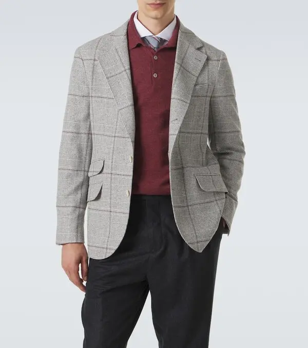 Brunello Cucinelli Checked Silk, Wool, And Cashmere Blazer