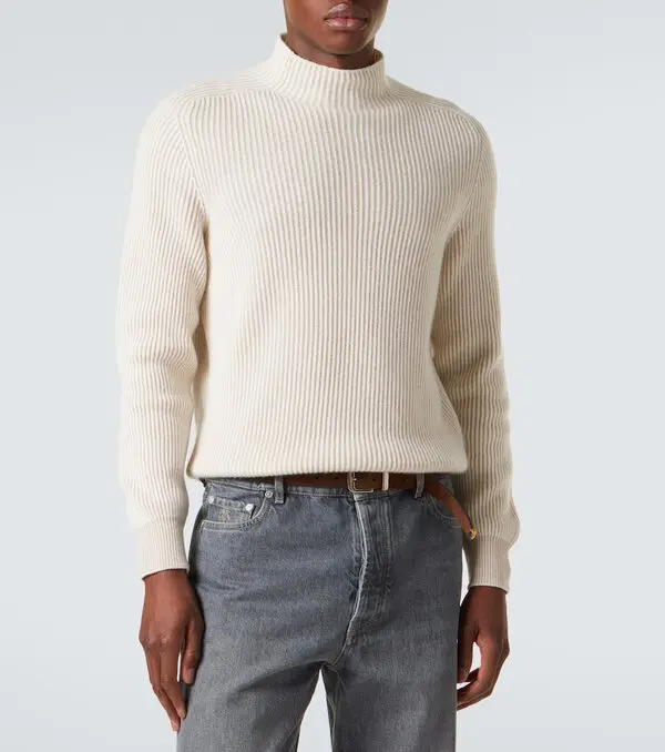 Brunello Cucinelli Ribbed Cashmere Mock Neck Sweater - Beige