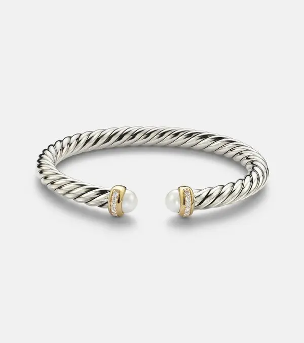 David Yurman Cable Flex Sterling And 14k Yellow Gold Cuff Bracelet With Diamonds And Pearls - Silver