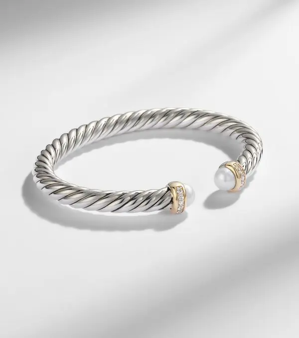 David Yurman Cable Flex Sterling And 14k Yellow Gold Cuff Bracelet With Diamonds And Pearls