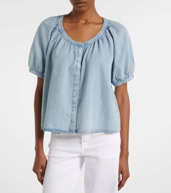 FRAME Gathered Cotton-blend Shirt - Blue