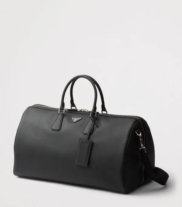 Prada Saffiano Leather Travel Bag With Top Handles And Detachable Shoulder Strap - Black