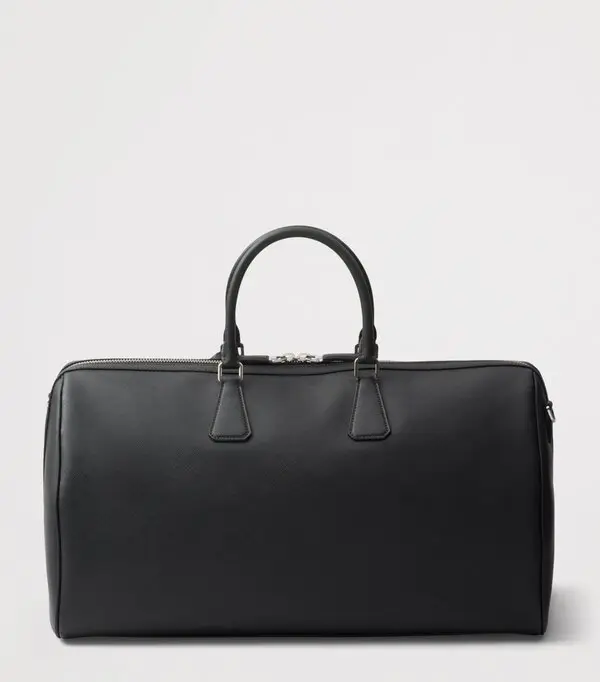 Prada Saffiano Leather Travel Bag With Top Handles And Detachable Shoulder Strap - Black