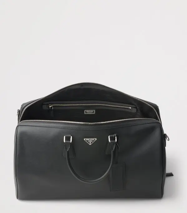 Prada Saffiano Leather Travel Bag With Top Handles And Detachable Shoulder Strap - Black