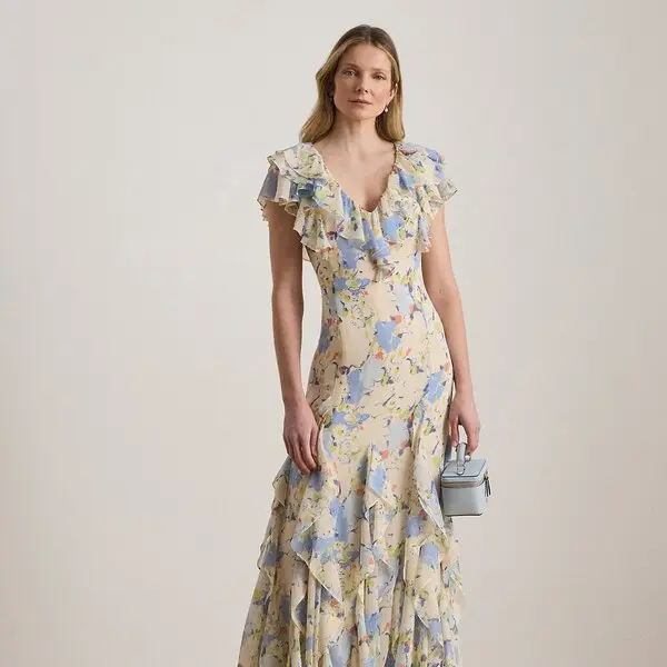 Ralph Lauren Floral Ruffle-trim Georgette Gown - Blue Multi
