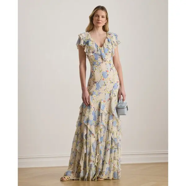 Ralph Lauren Floral Ruffle-trim Georgette Gown