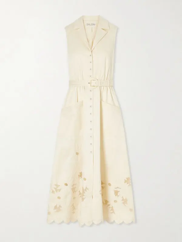 Saloni Kirat Belted Scalloped Embroidered Poplin Midi Dress - Neutrals