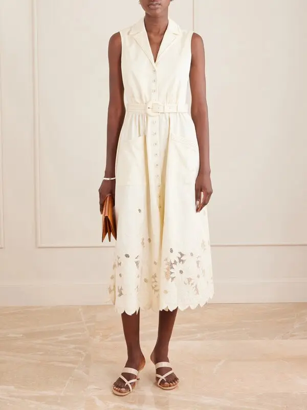 Saloni Kirat Belted Scalloped Embroidered Poplin Midi Dress - Neutrals