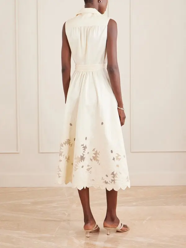 Saloni Kirat Belted Scalloped Embroidered Poplin Midi Dress - Neutrals