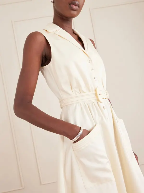 Saloni Kirat Belted Scalloped Embroidered Poplin Midi Dress - Neutrals