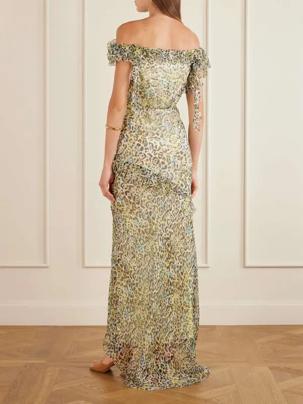 Saloni Nina Off-the-shoulder Ruffled Printed Silk Gown - Leopard Print