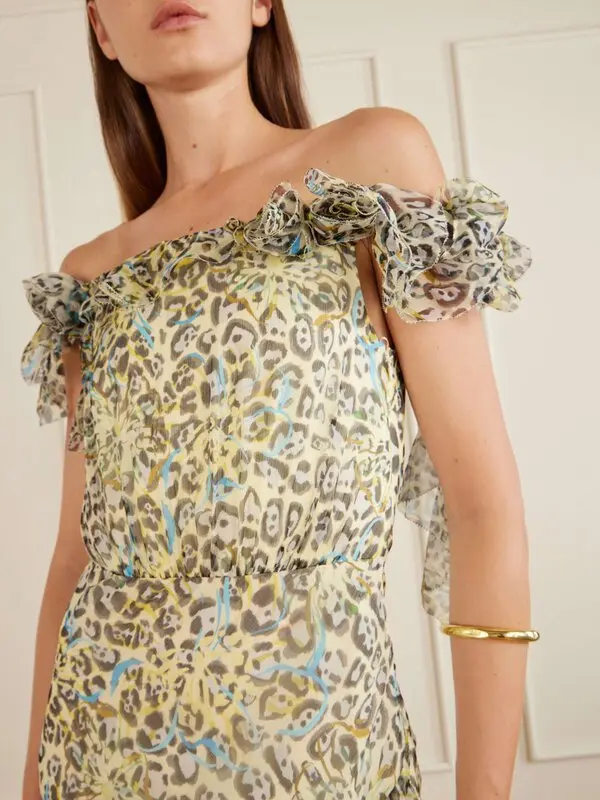 Saloni Nina Off-the-shoulder Ruffled Printed Silk Gown - Leopard Print