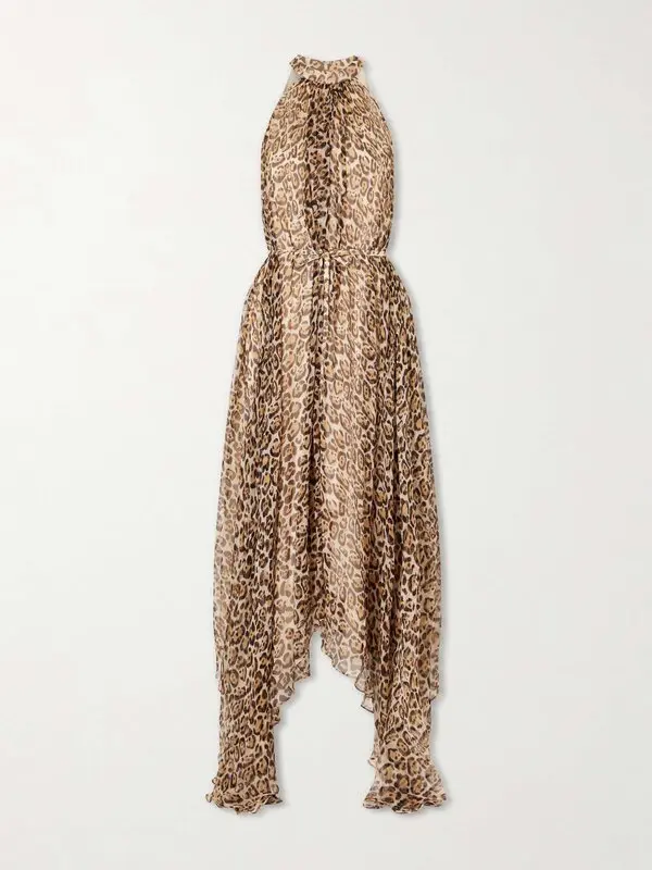 Saloni Irina Belted Leopard-print Silk Halterneck Midi Dress - Leopard Print