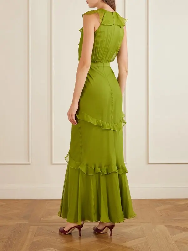 Saloni Rita Gathered Ruffled Silk Gown - Green