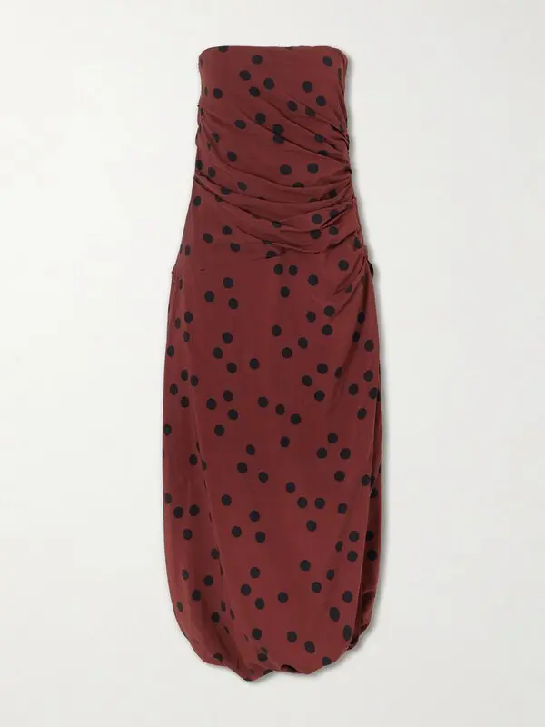 Proenza Schouler Nayara Strapless Polka Dot Gathered Midi Dress - Brown