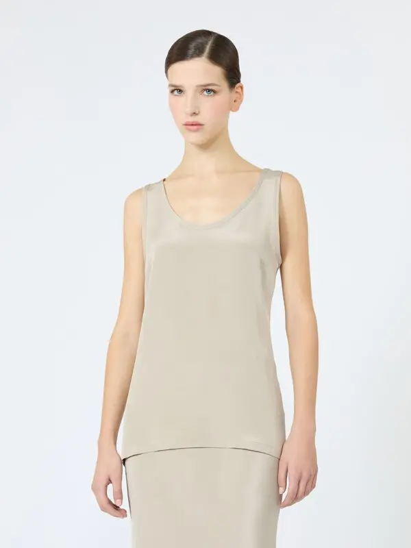 Max Mara Silk Crepe De Chine Sleeveless Top With Monogram Detail - Stone