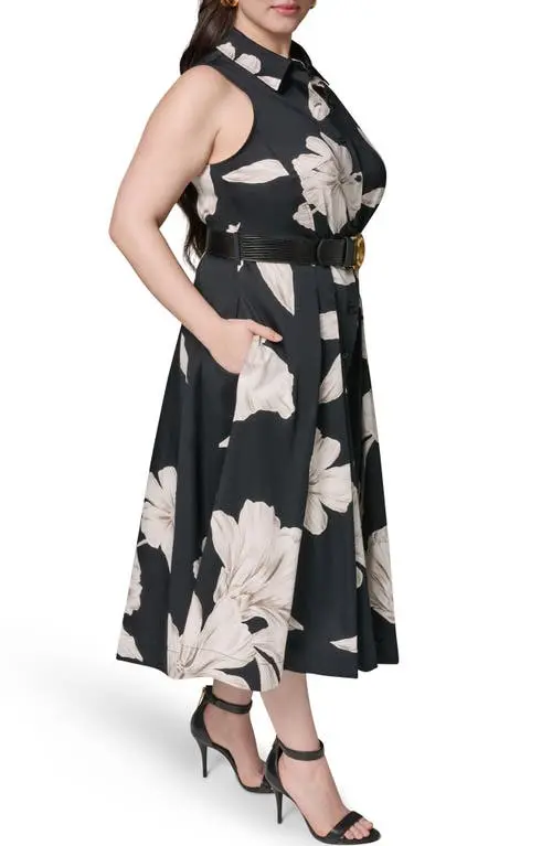 Donna Karan New York Sleeveless Floral Stretch Cotton Shirtdress - Black Multi