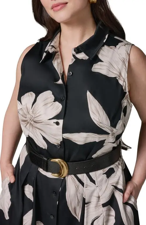 Donna Karan New York Sleeveless Floral Stretch Cotton Shirtdress - Black Multi