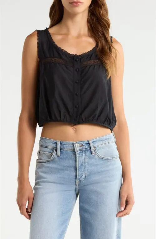 RE/DONE Allegra Lace Trim Button-up Crop Top - Black