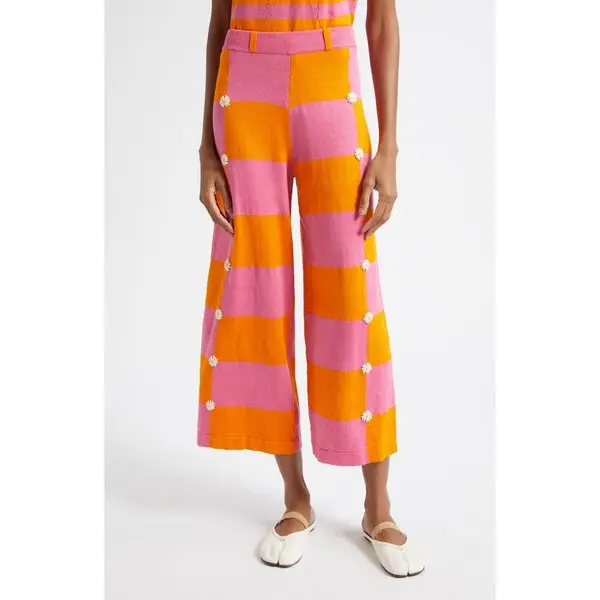 YANYAN Daisy Intarsia Check Linen Blend Wide Leg Pants - Candy/orange